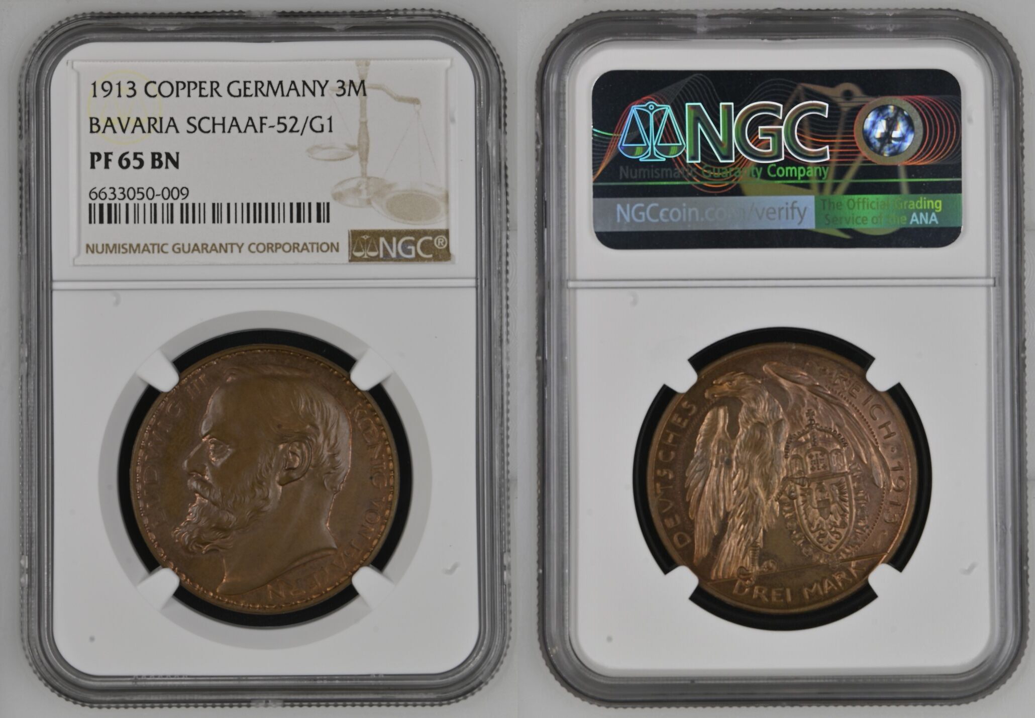 Germany Deutschland Karl Götz Probe Bayern 3 Mark Pattern 1913 COPPER ...