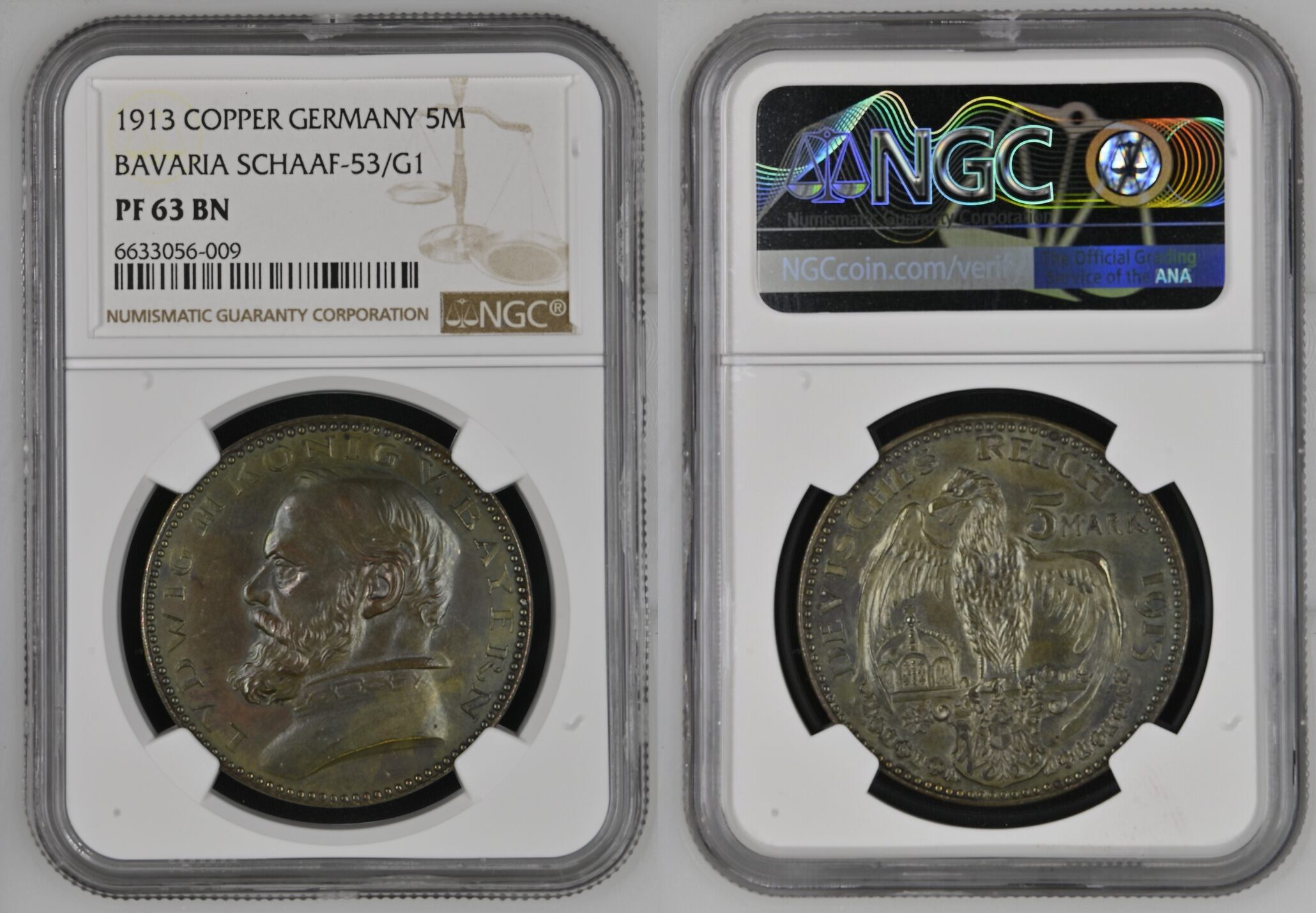 Germany Deutschland Karl Götz Probe Bayern 5 Mark Pattern 1913 COPPER ...
