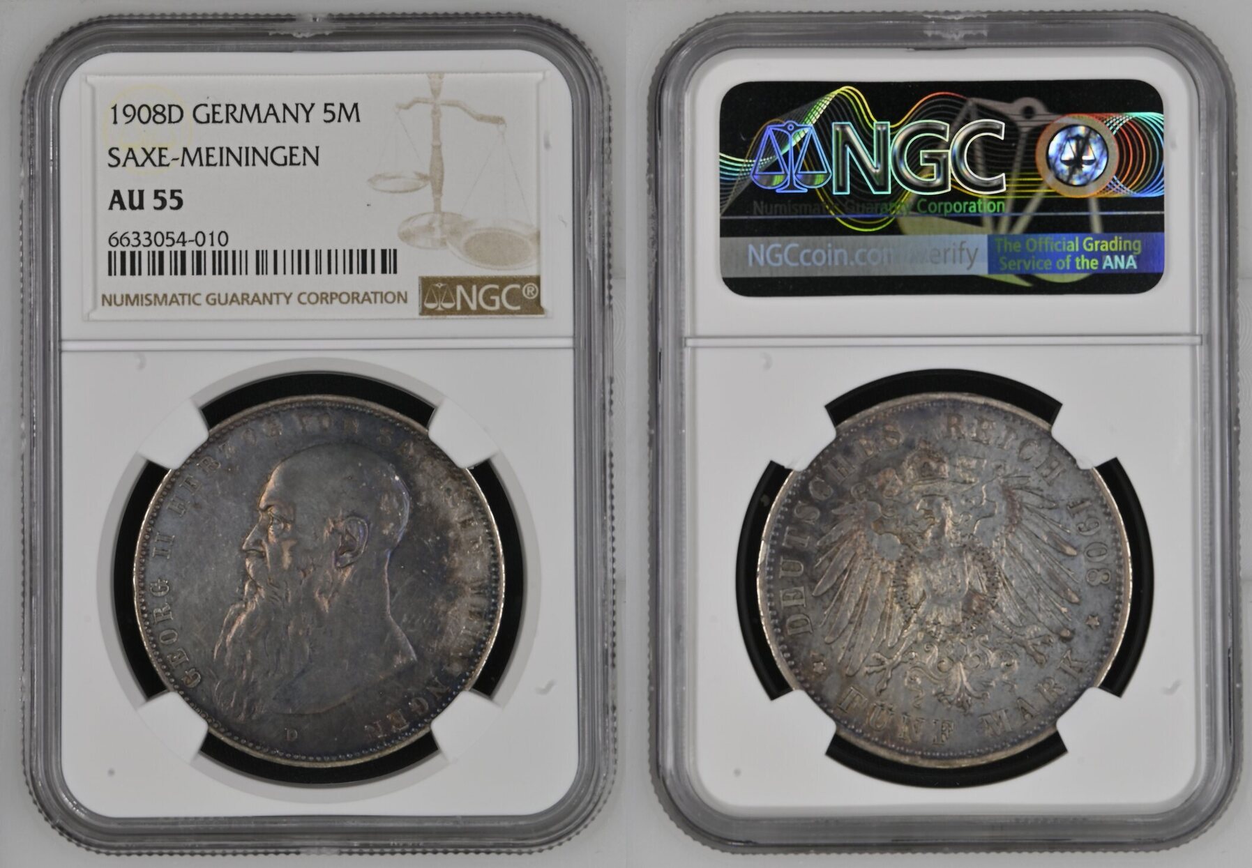 Sachsen Meiningen 5 Mark 1908 D Georg 1866 - 1914 NGC AU 55 | MA-Shops