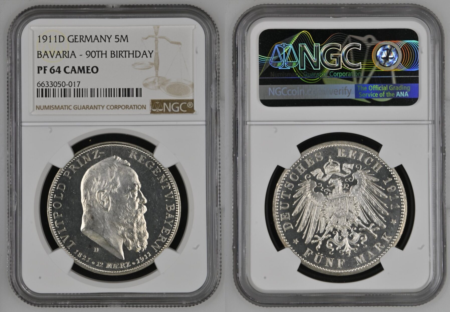 Bavaria Bayern Kaiserreich Deutschland 5 Mark 1911 D 90. Geburtstag von ...