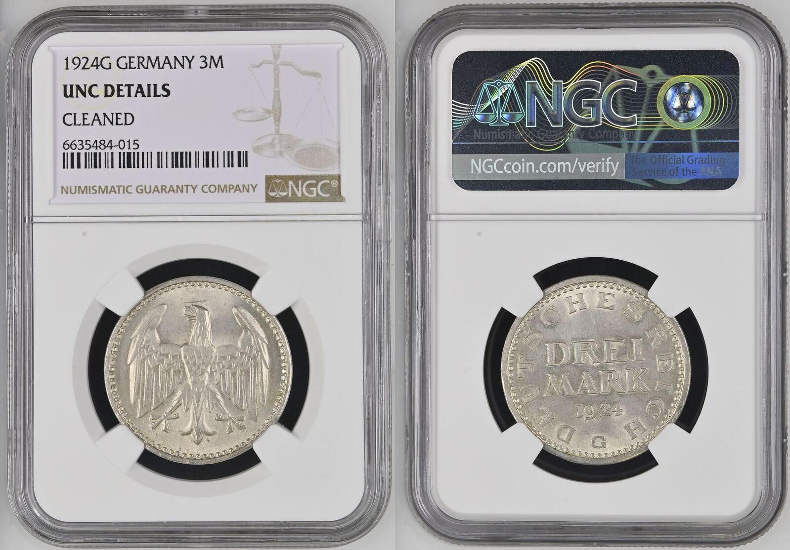 Deutschland Weimarer Republik Germany 3 Mark 1924 G Kursmünze Silber Drei ausgeschrieben NGC UNC ...