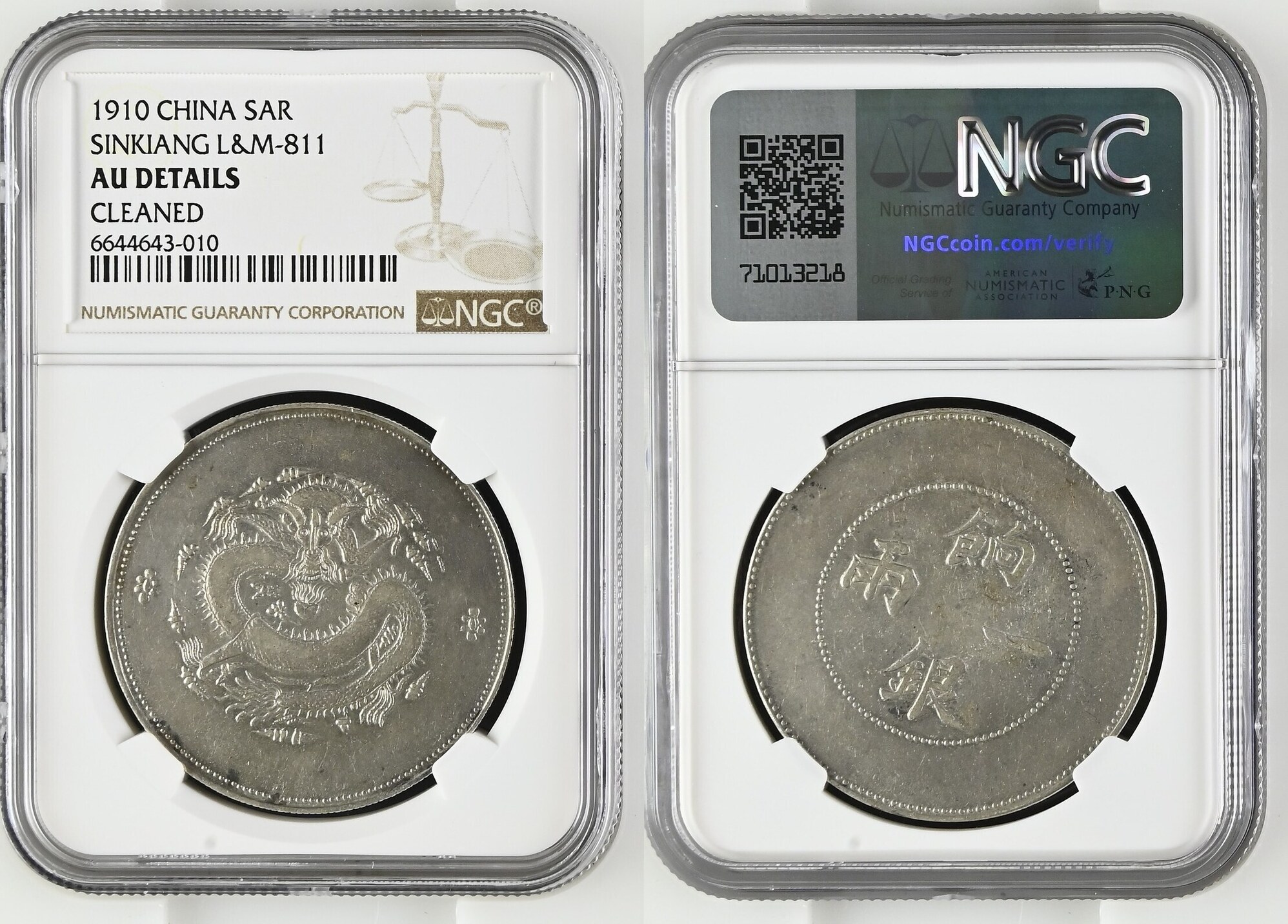 China Sinkiang SAR Tael (1910) Dragon Drachen NGC AU Details Cleaned | MA-Shops
