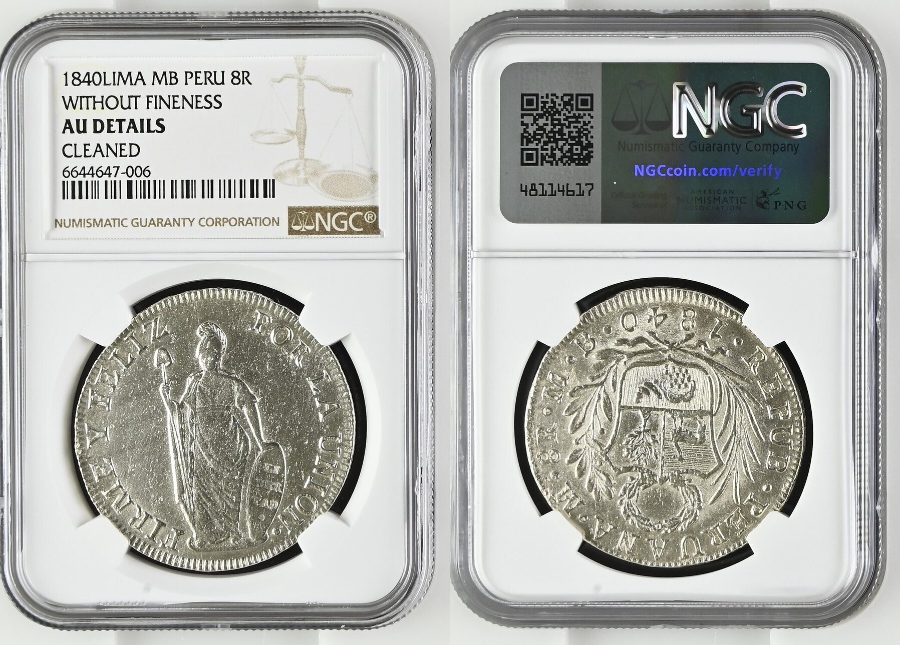 Peru 8 Reales Silber 1840 LIMA MB Pallas Athens holding a shield ...