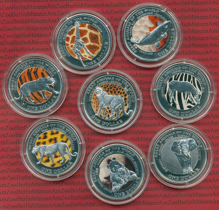 Fiji, Tiermotive, Elefant, Panda, Tiger 8 x 1 Dollar Farbmünzen ...