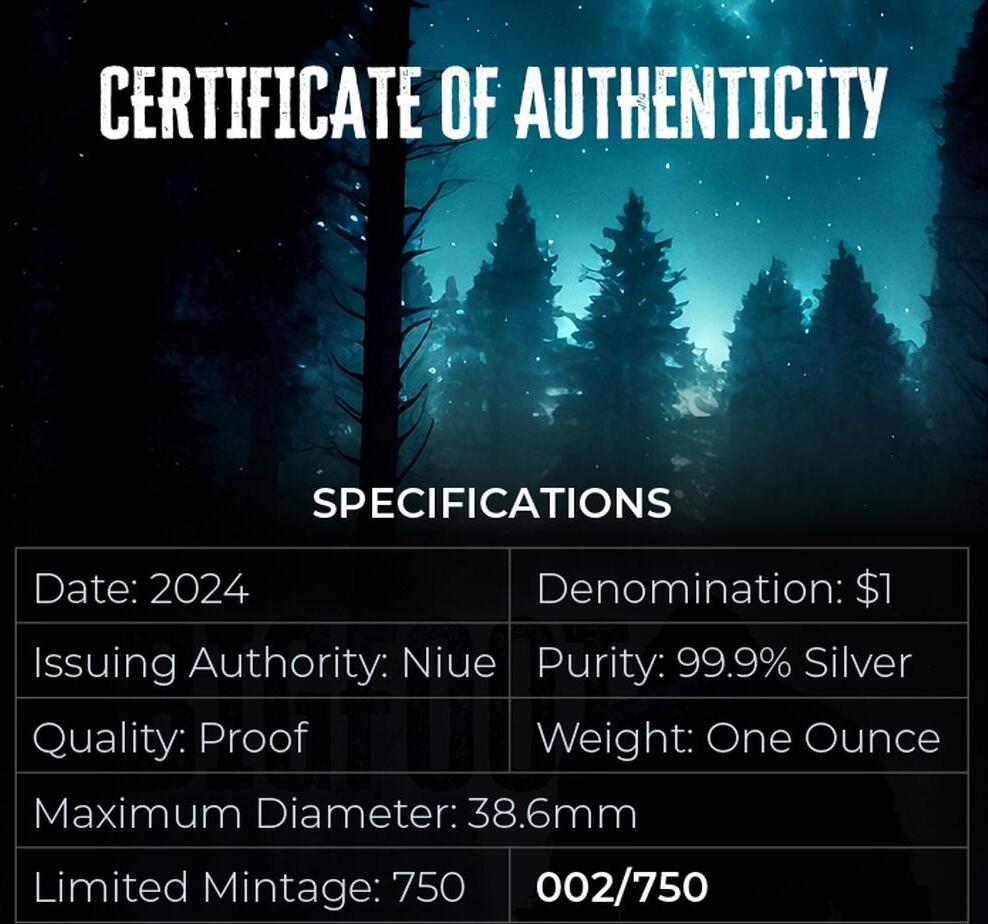 1 Dollar BIGFOOT 1 Oz Silver Coin 1$ Niue 2024 Proof | MA-Shops