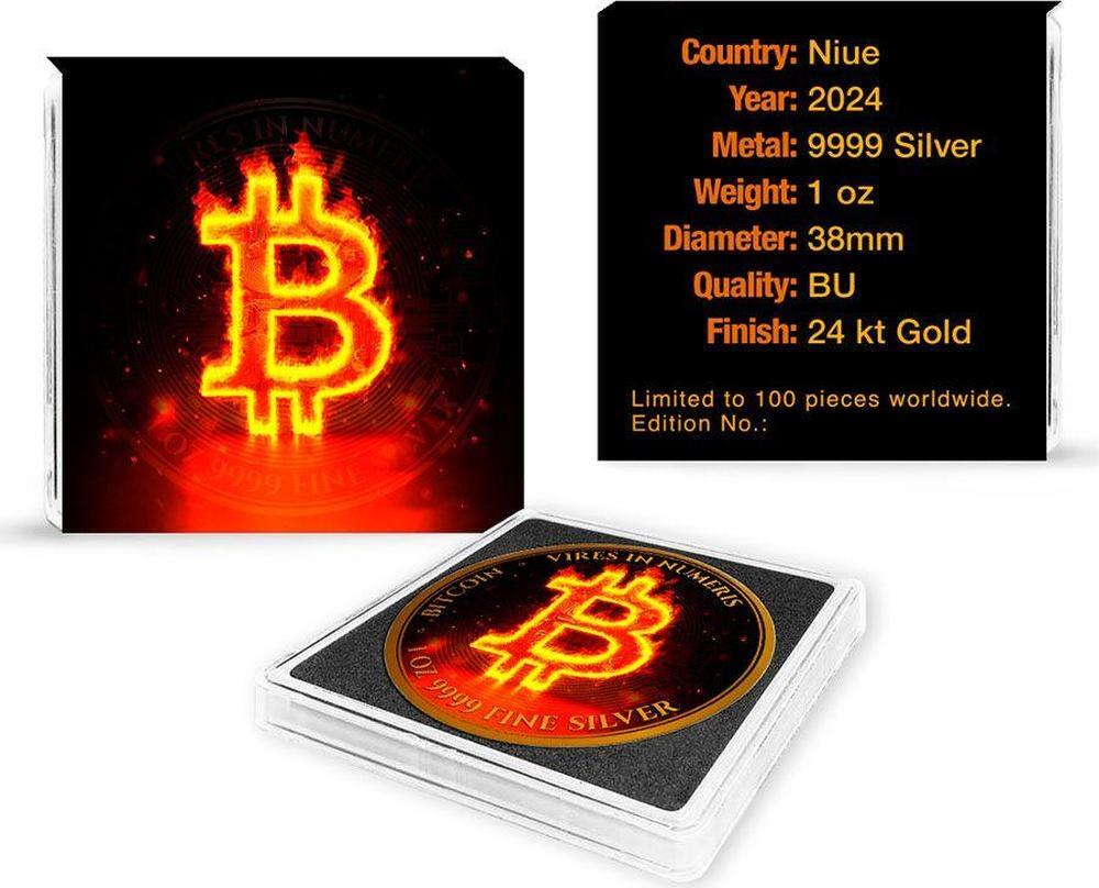 2 Dollars BURNING BITCOIN Gilded 1 Oz Silver Coin 2$ Niue 2024 BU ...