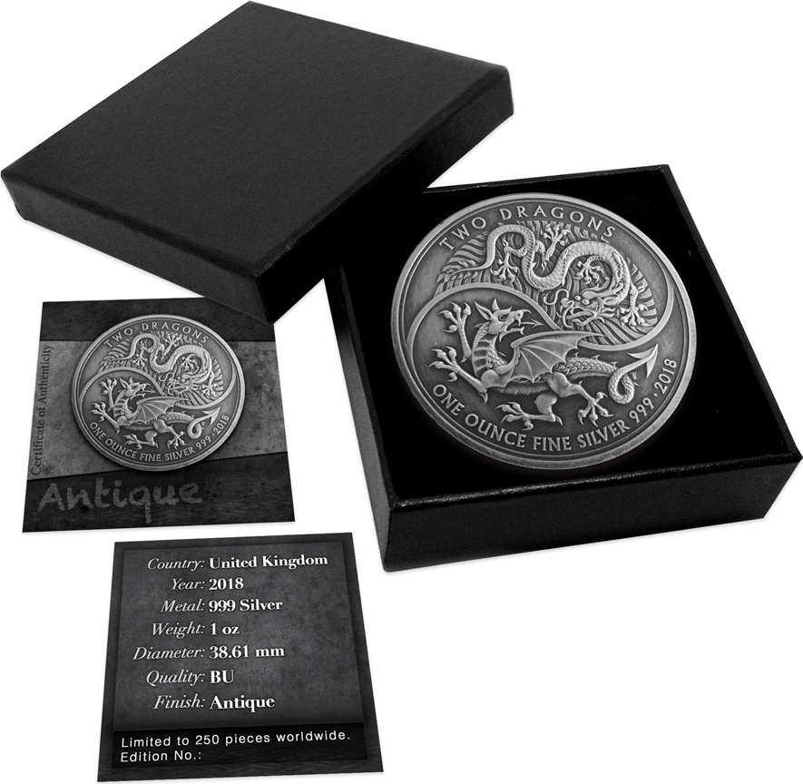 2 Pounds TWO DRAGONS Antique Finish 1 Oz Silver Coin 2£ United Kingdom ...