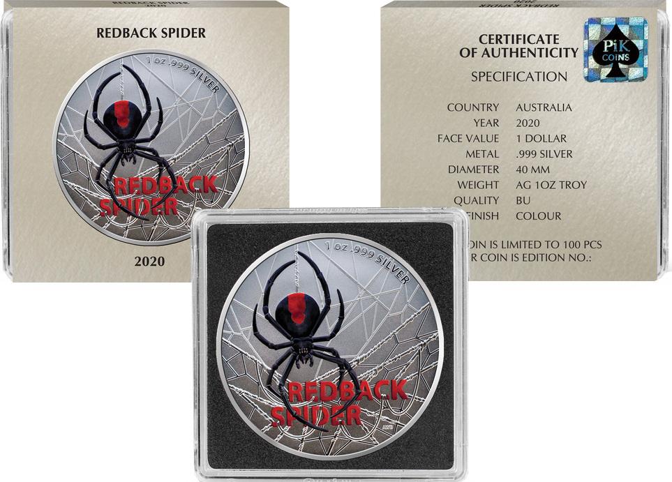 1 Dollar REDBACK SPIDER Coloured 1 Oz Silver Coin 1$ Australia 2020 Proof | MA-Shops