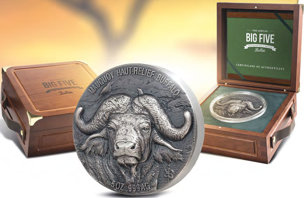 WATER BUFFALO Big Five Mauquoy 5 Oz Silver Coin 5000 Francs Ivory Coast ...
