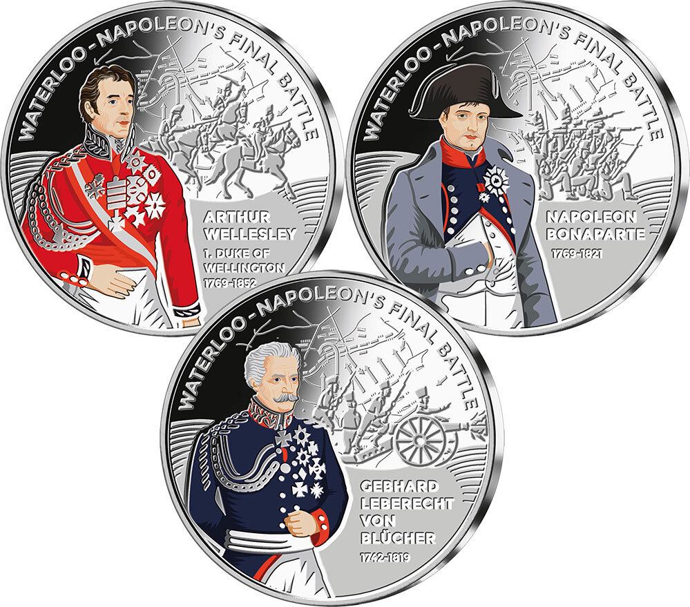 WATERLOO NAPOLEON FINAL BATTLE Set 3 x 1/2 Silver Coins 50 Pence ...