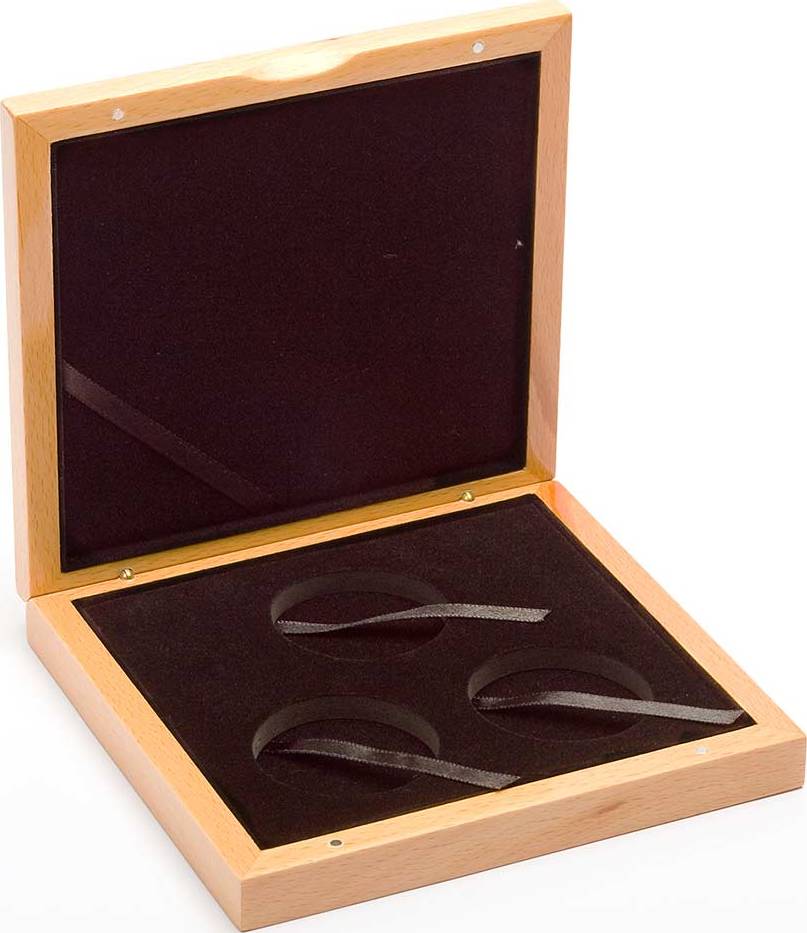 WOODEN COIN BOX Jewel Case Etui Package For 3 Three Coins Medals 45 mm ...