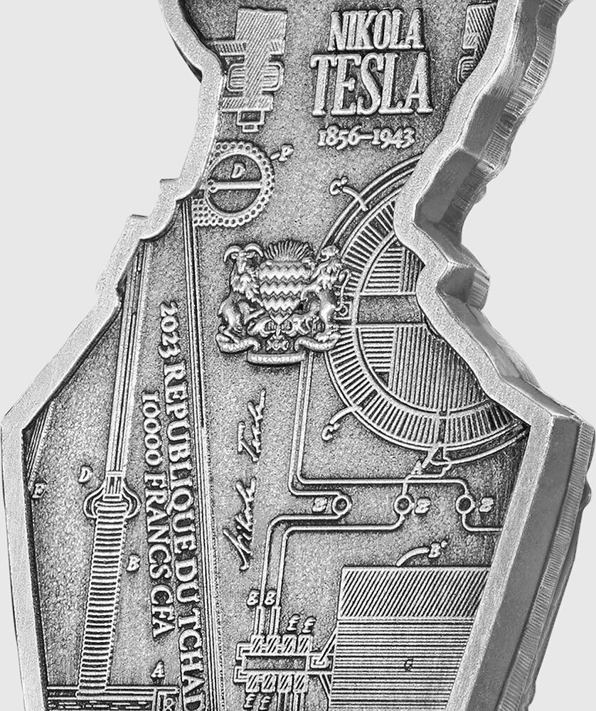 NIKOLA TESLA Shaped 2 Oz Silver Coin 10000 Francs Chad 2023 Antique ...