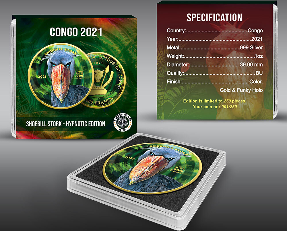 Republic of Congo SHOEBILL STORK Hypnotic Edition 1 Oz Silver Coin 1000 ...