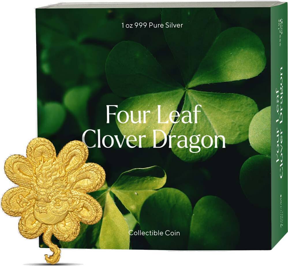 FOUR LEAF CLOVER DRAGON Gilded 1 Oz Silver Coin 5000 Francs Chad 2023 ...