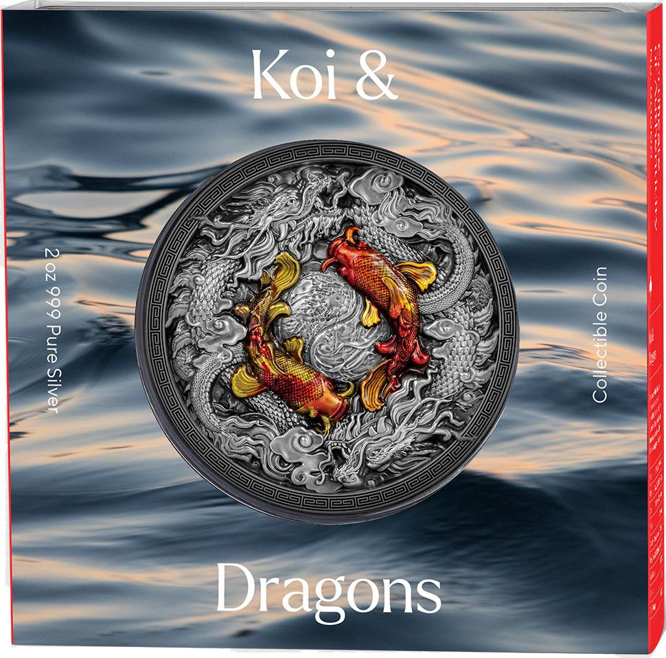 KOI AND DRAGONS 2 Oz Silver Coin 10000 Francs Chad 2023 Antique Finish ...
