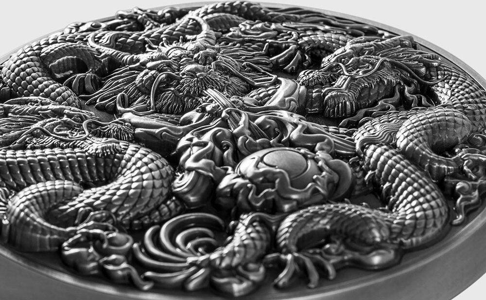 TRIPLE DRAGONS 5 Oz Silver Coin 25000 Francs Chad 2023 Antique Finish ...