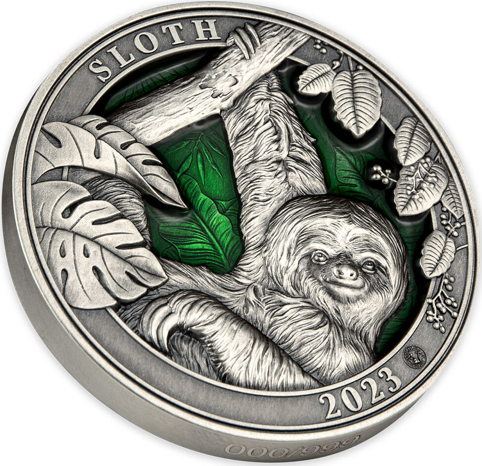 5 Dollars SLOTH Colours of Wildlife 3 Oz Silver Coin 5$ Barbados 2023 ...