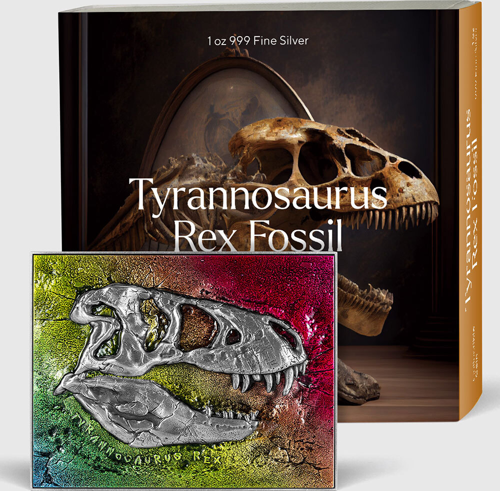 TYRANNOSAURUS REX FOSSIL Pop Art 1 Oz Silver Coin 5000 Francs Chad 2023 ...