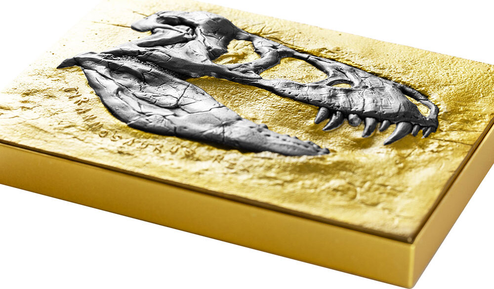 TYRANNOSAURUS REX FOSSIL Gilded 1 Oz Silver Coin 5000 Francs Chad 2023 ...