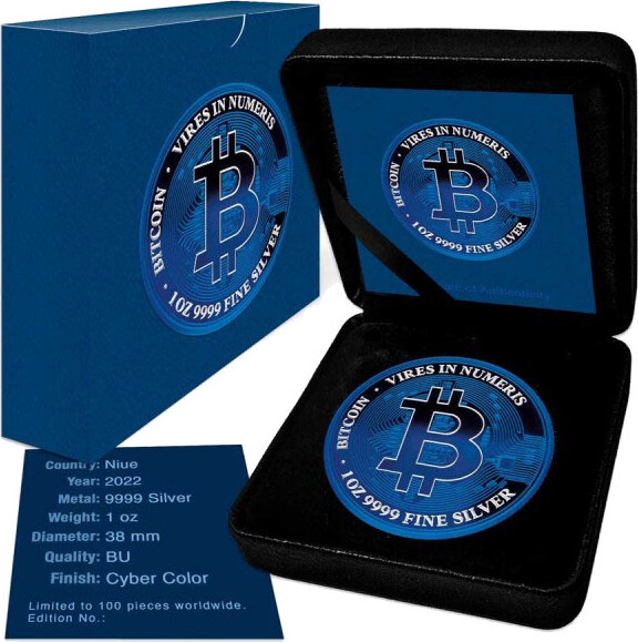 2 Dollars BITCOIN Cyber Blue 1 Oz Silver Coin 2$ Niue 2022 BU-Brilliant ...