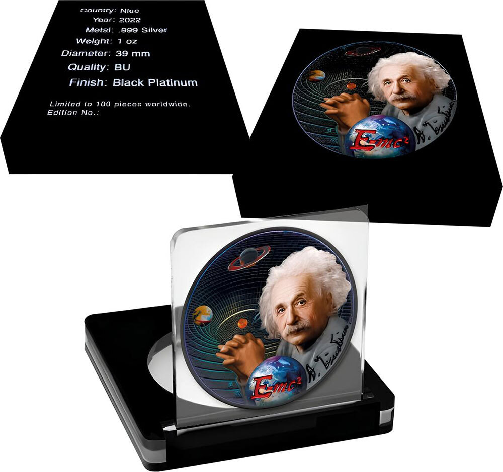 2 Dollars ALBERT EINSTEIN Black Platinum 1 Oz Silver Coin 2$ Niue 2022 ...