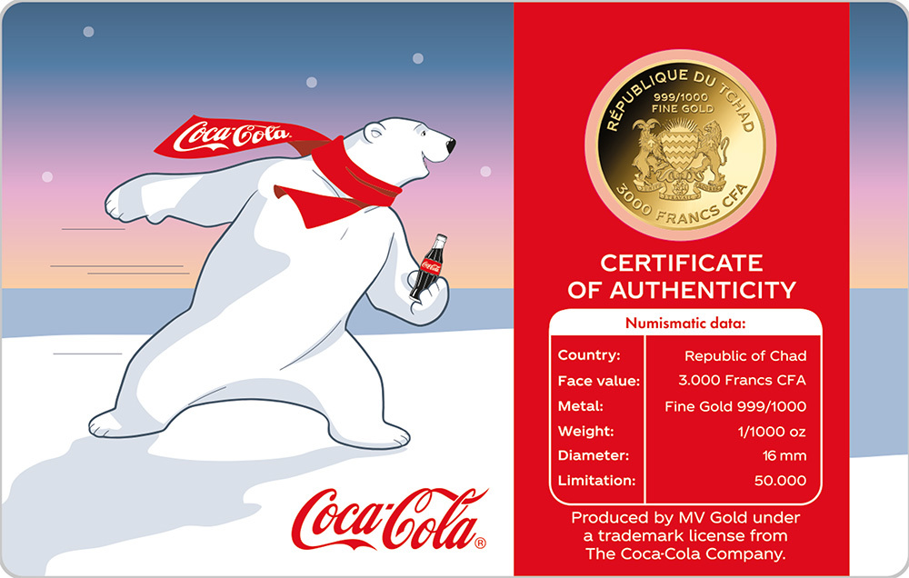 COCA COLA POLAR BEAR 1/1000 Oz Gold Coin 3000 Francs Chad Prooflike ...