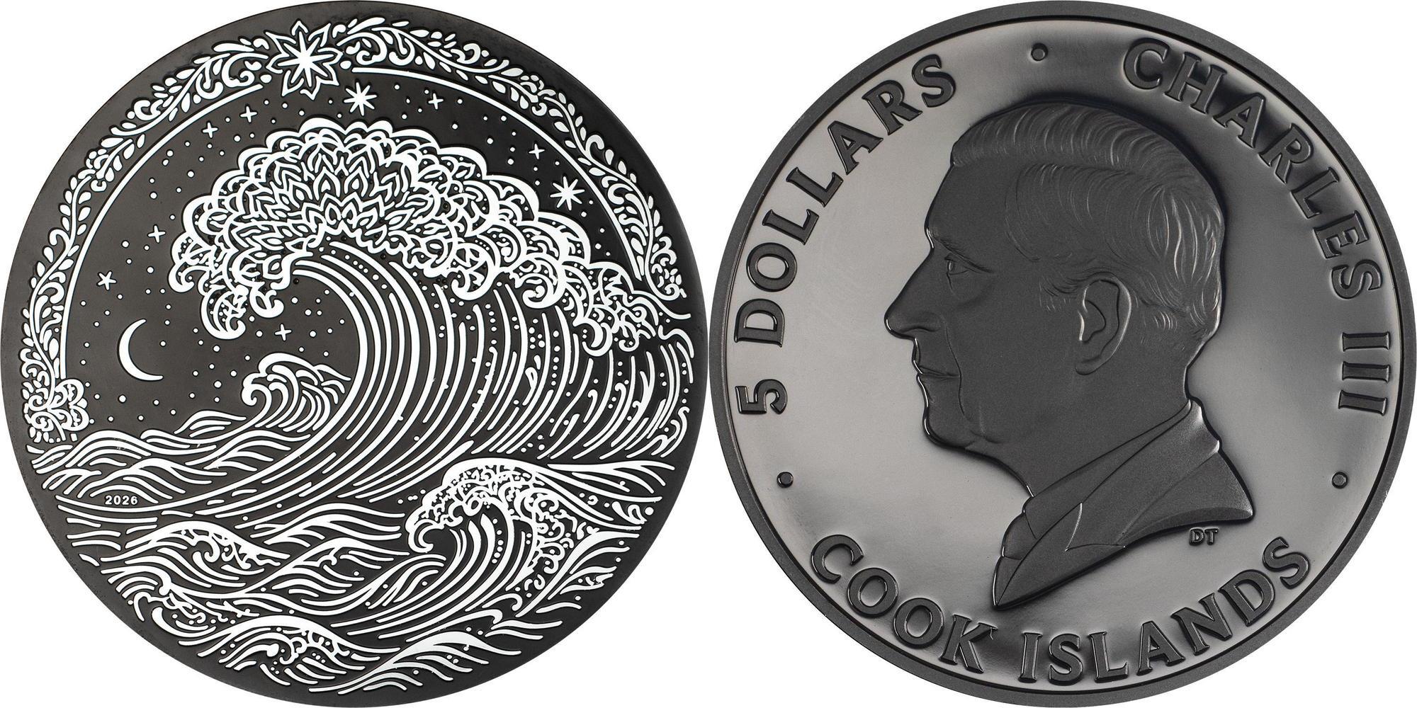 5 Dollars WAVE 1 Oz Silver Coin 5$ Cook Islands 2026 Obsidian Black ...