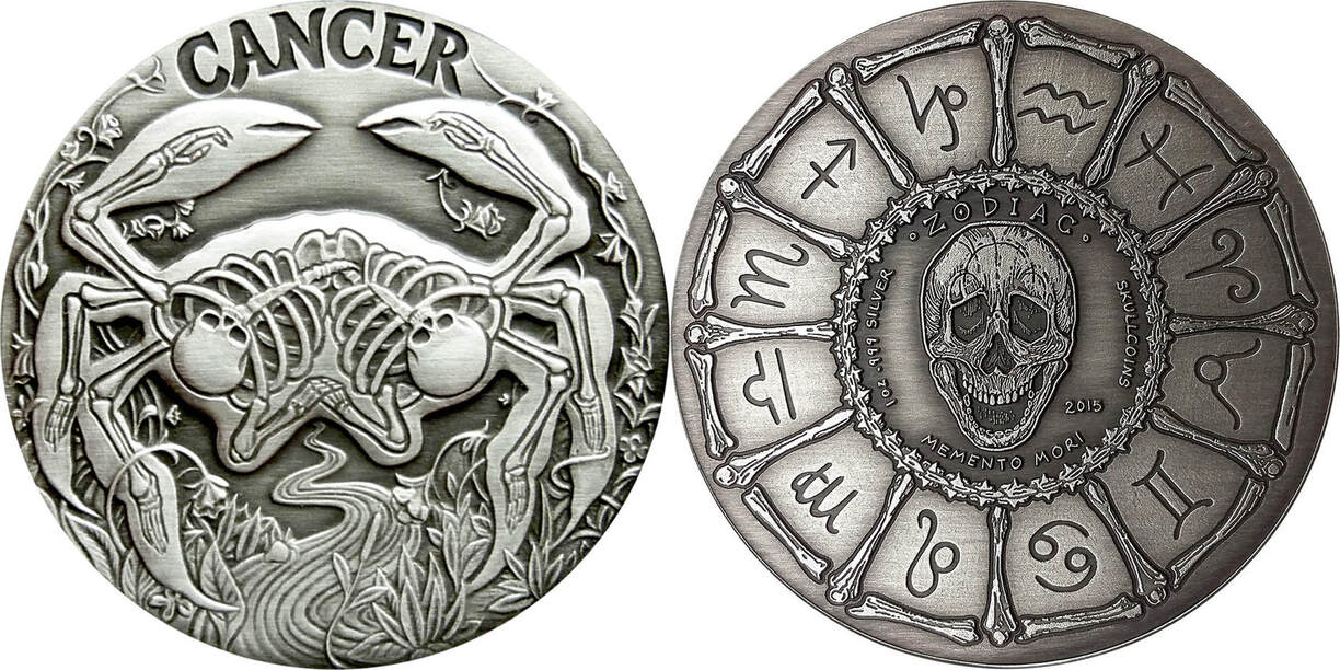 United States CANCER Memento Mori Zodiac Skull Horoscope Silver Coin ...