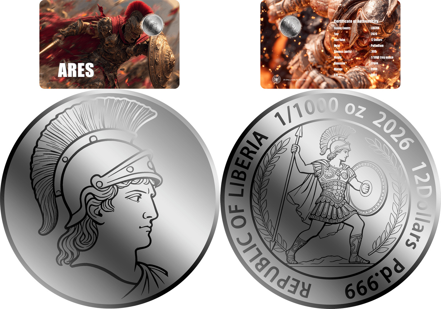 12 Dollars ARES 1/1000 Oz Palladium Coin 12$ Liberia 2026 | MA-Shops