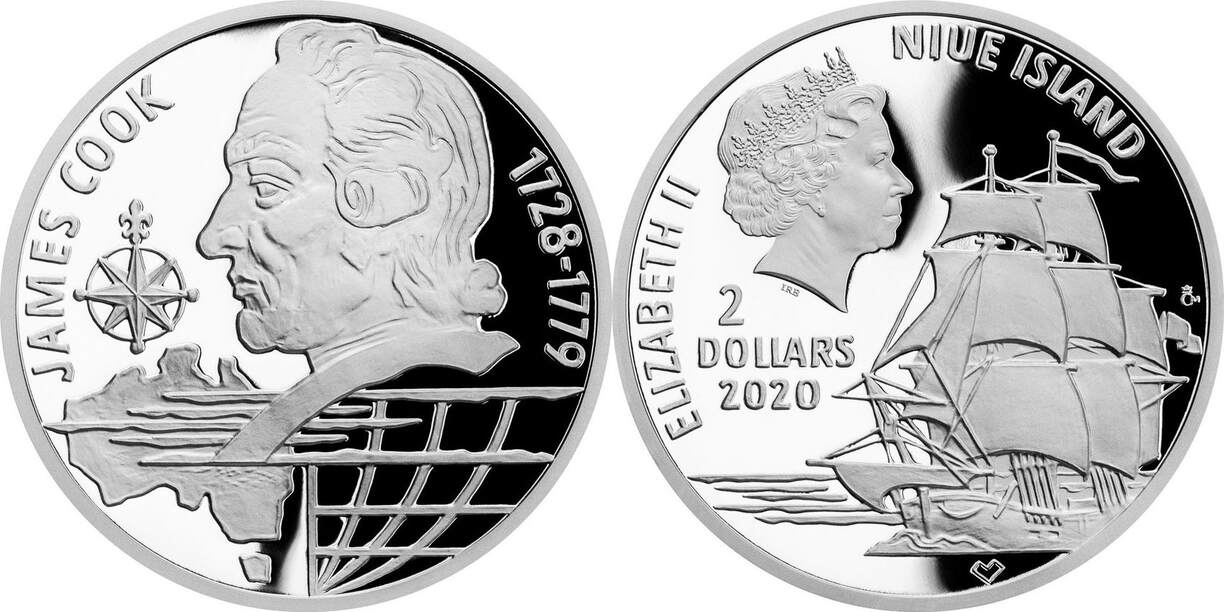 2 Dollars JAMES COOK On The Waves 1 Oz Silver Coin 2$ Niue 2020 Proof ...