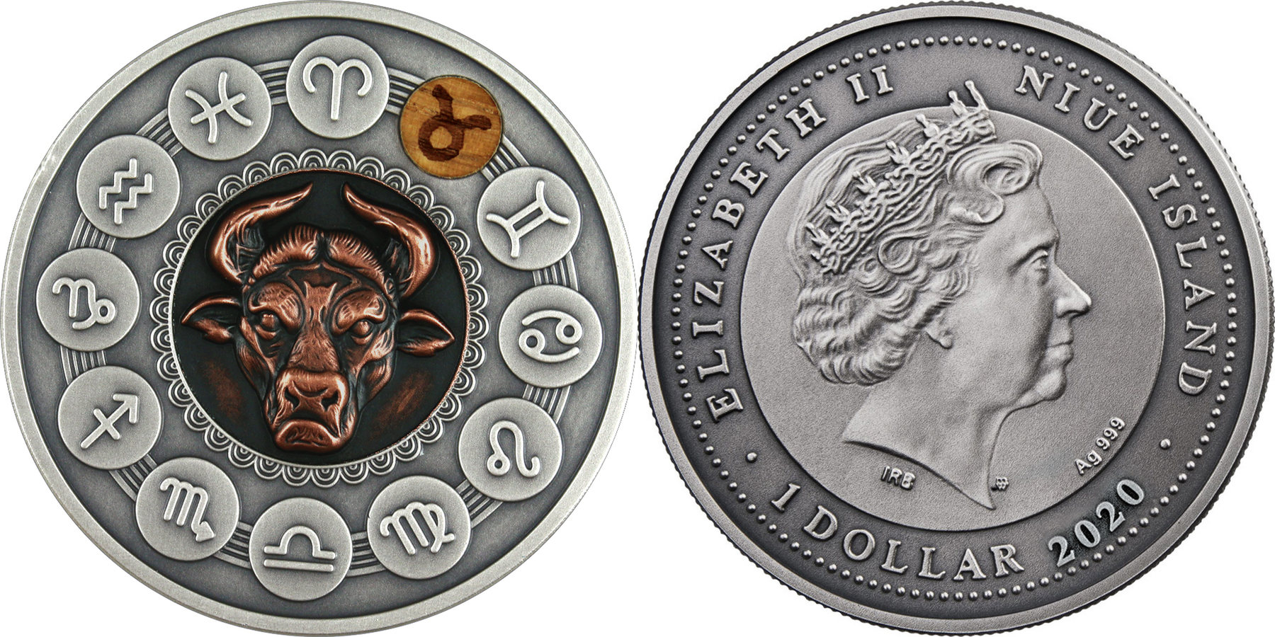 1 Dollar TAURUS Zodiac Signs 1 Oz Silver Coin 1$ Niue 2020 Antique ...