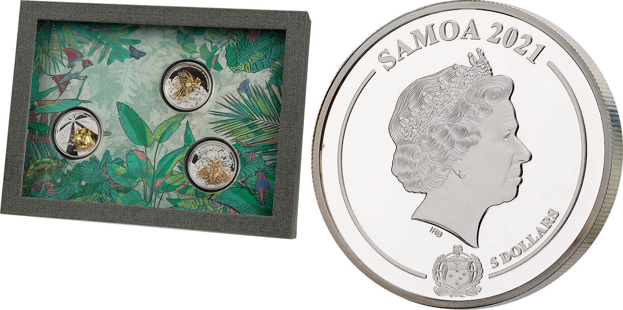 2 Dollars GOLDEN INSECTS 3x1 Oz Silver Coins 2$ Samoa 2021 Prooflike ...