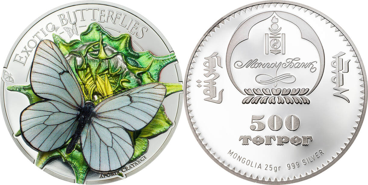 APORIA CRATAEGI Butterfly 3D Exotic Butterflies Silver Coin 500 Togrog ...
