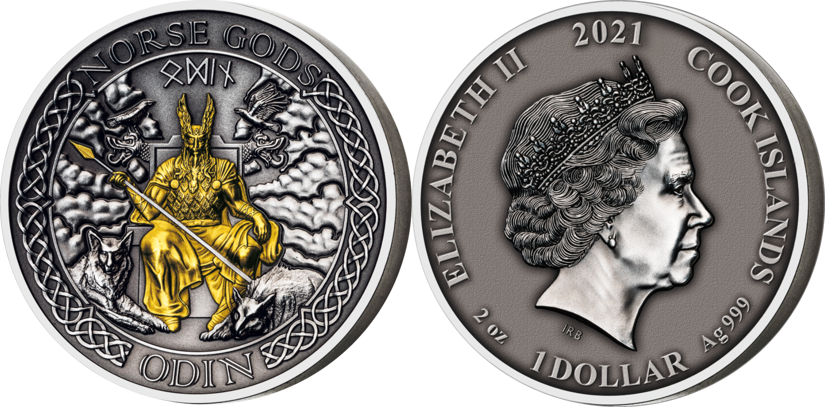 1 Dollar ODIN Norse Gods Gold Plating 2 Oz Silver Coin 1$ Cook Islands ...