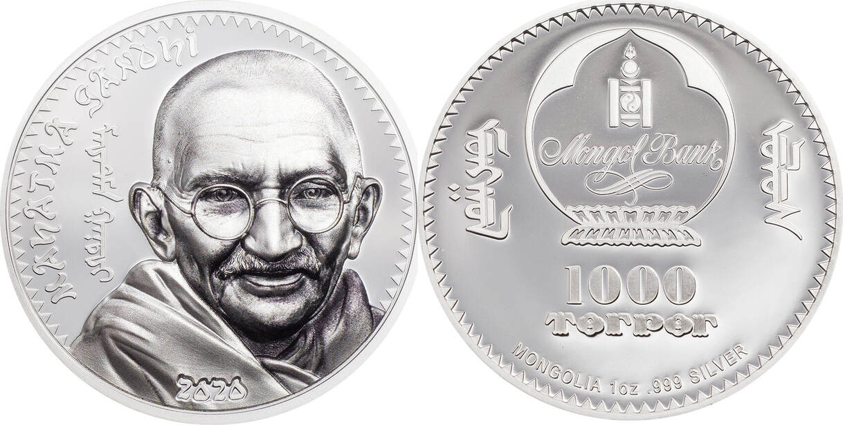 MAHATMA GANDHI 1 Oz Silver Coin 1000 Togrog Mongolia 2020 Proof | MA-Shops