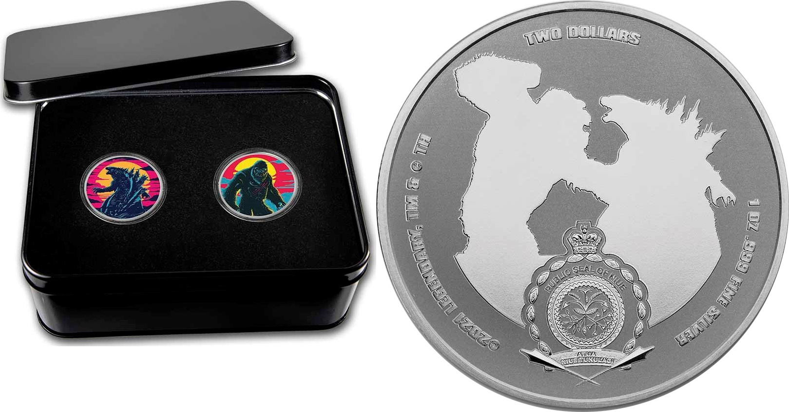 2 Dollars GODZILLA VS KONG Set 2 x 1 Oz Silver Coins 2$ Niue 2021 Proof ...