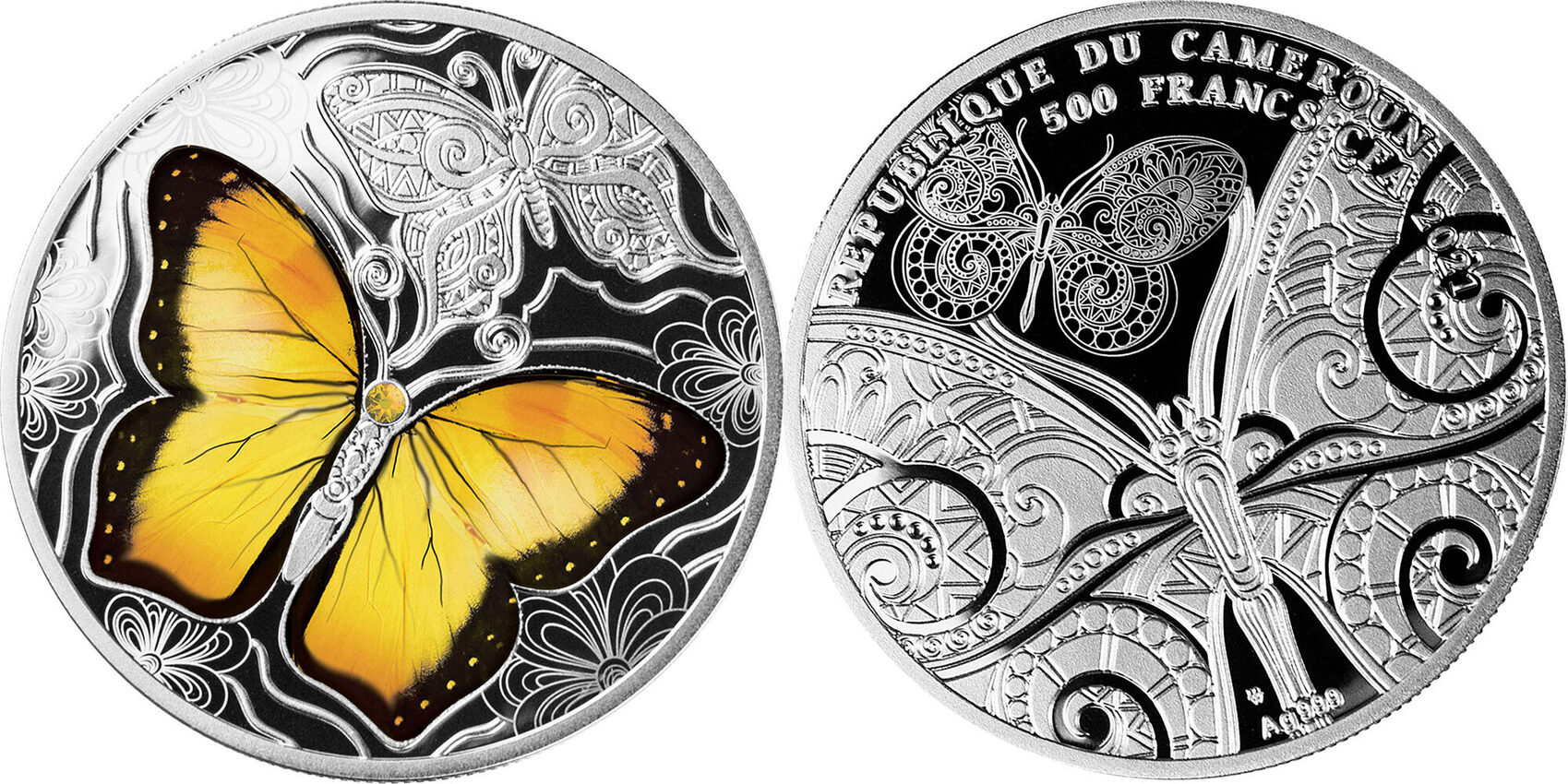 YELLOW BUTTERFLY Colorful World Silver Coin 500 Francs Cameroon 2021 ...