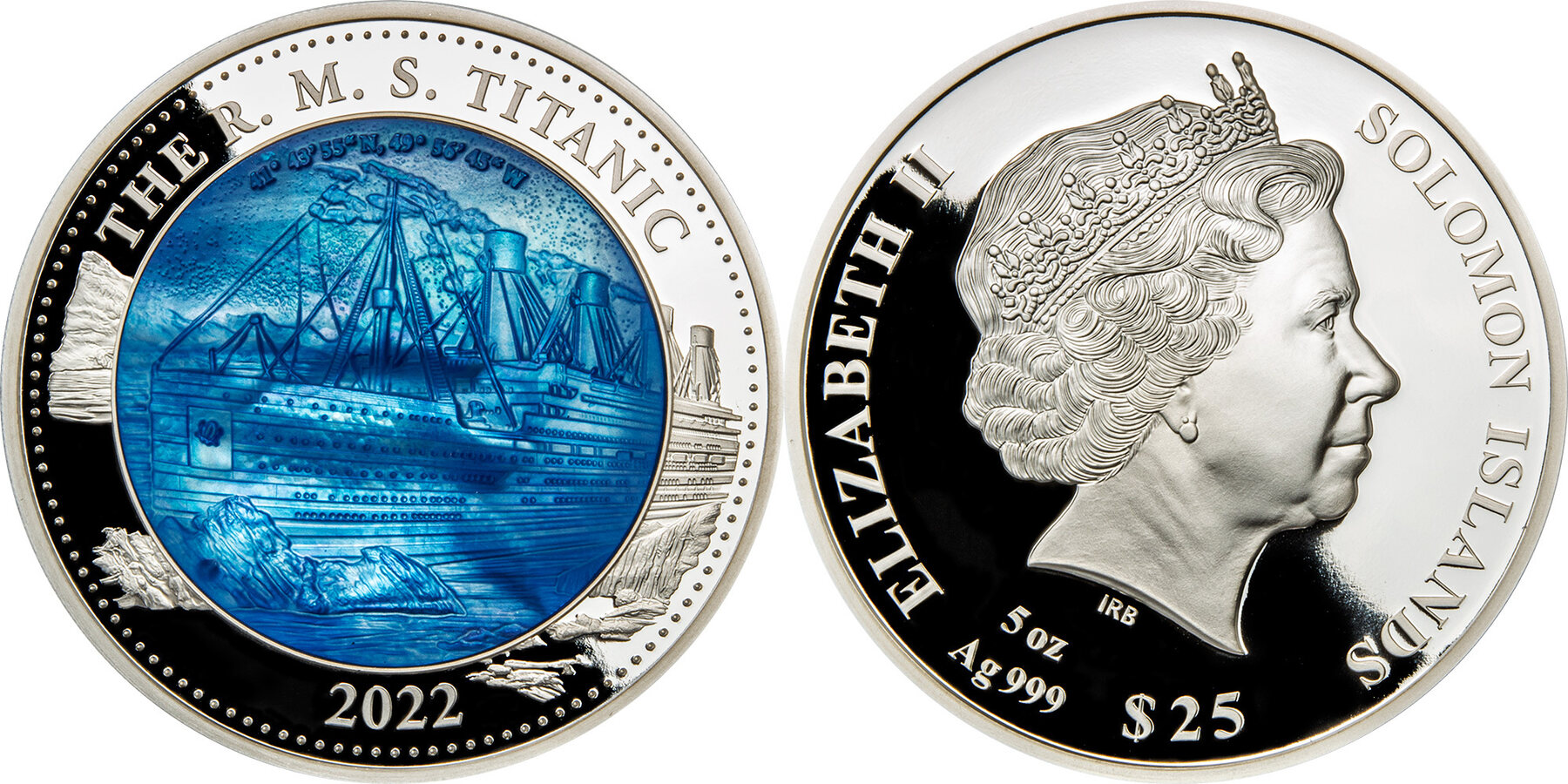 25 Dollars RMS TITANIC Mother of Pearl 5 Oz Silver Coin 25$ Solomon ...