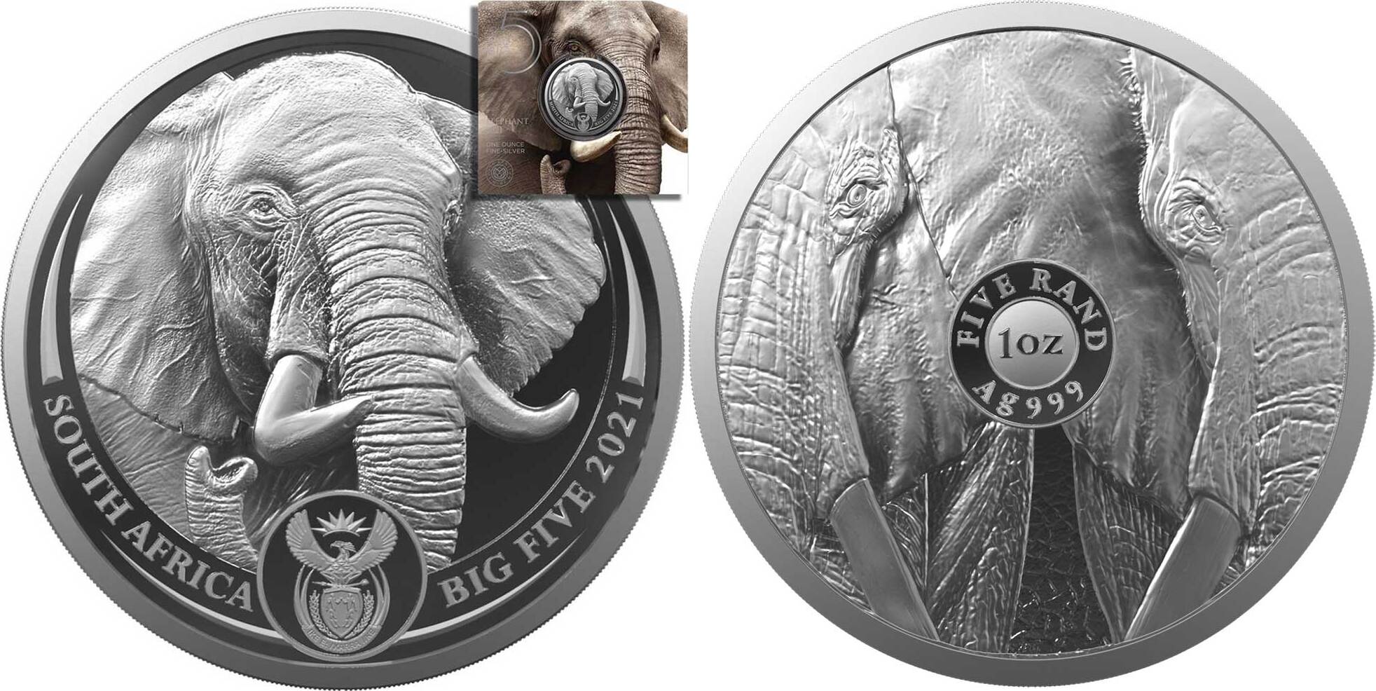ELEPHANT Big Five II 1 Oz Silver Coin 5 Rand South Africa 2021 BU ...