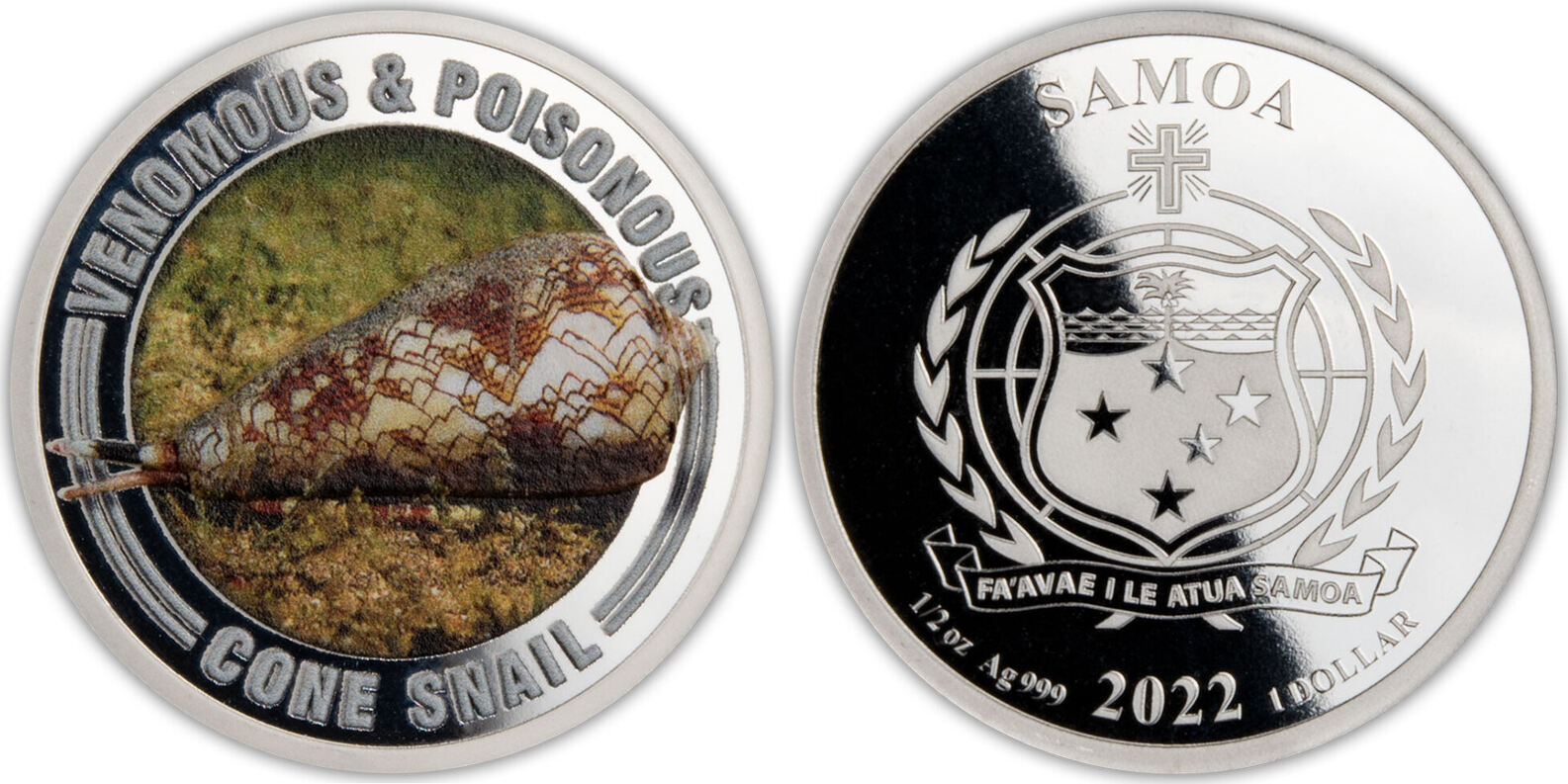 1 Dollar CONE SNAIL Venomous and Poisonous ½ Oz Silver Coin 1$ Samoa ...