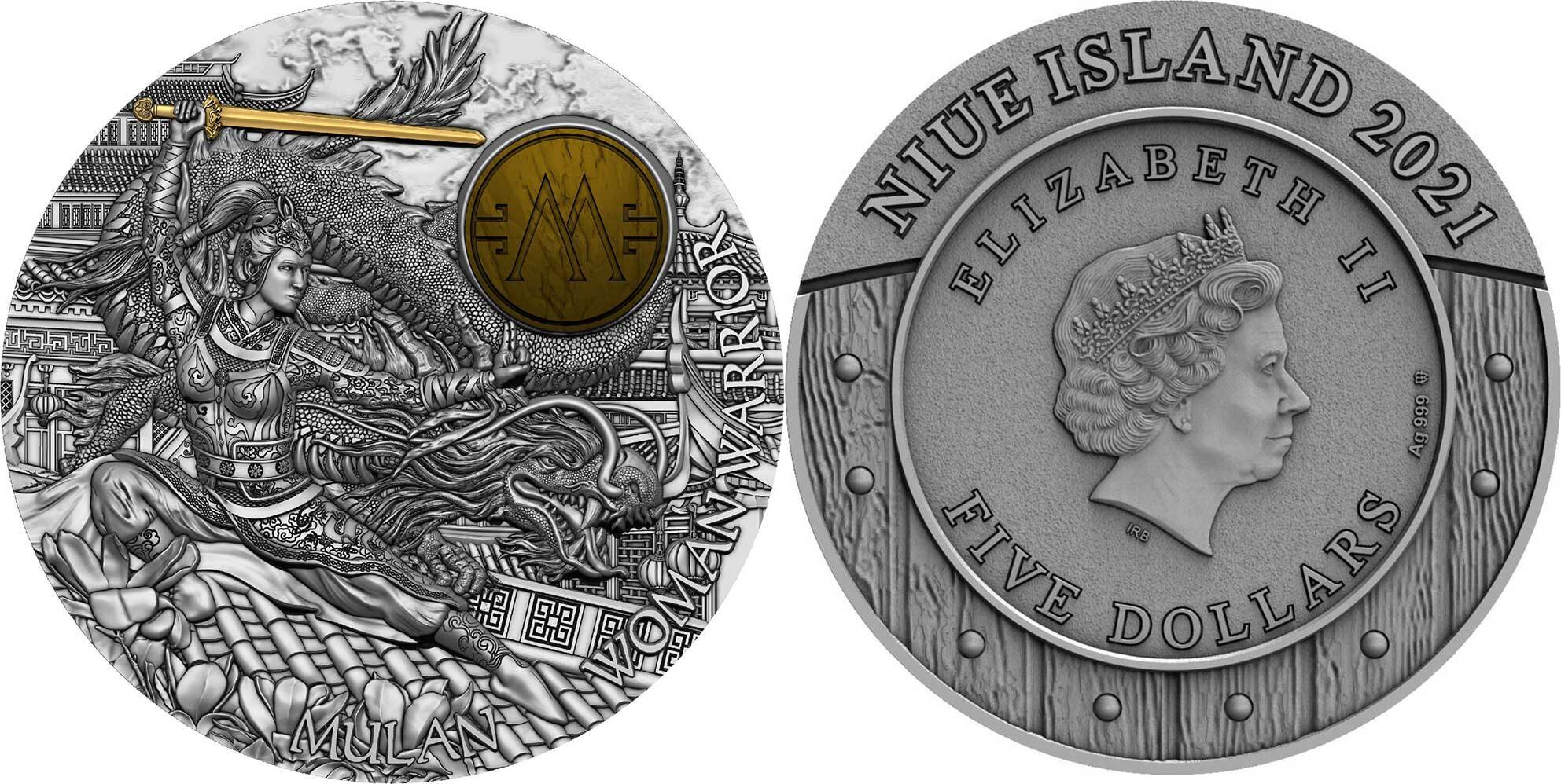 5 Dollars MULAN Woman Warrior III 2 Oz Silver Coin 5$ Niue 2021 Antique ...