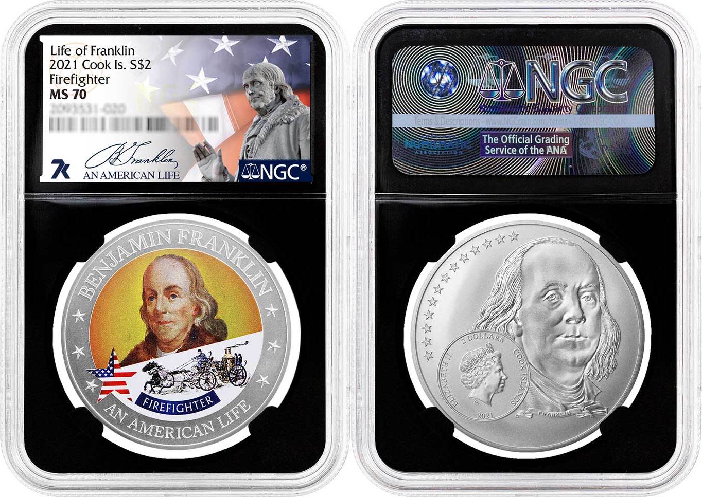 2 Dollars FIREFIGHTER Benjamin Franklin An American Life Graded MS70 1/ ...