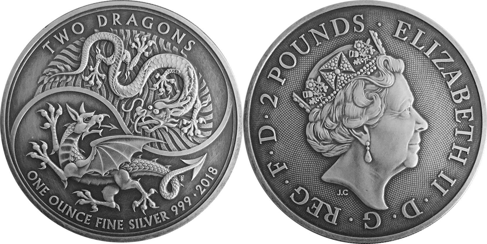 2 Pounds TWO DRAGONS Antique Finish 1 Oz Silver Coin 2£ United Kingdom ...