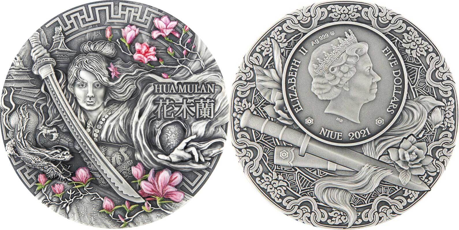 5 Dollars HUA MULAN Heroines 2 Oz Silver Coin 5$ Niue 2021 Antique ...