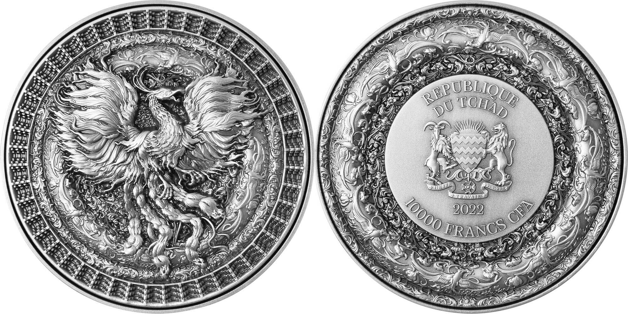 FORBIDDEN PHOENIX 2 Oz Silver Coin 10000 Francs Chad 2022 Antique ...