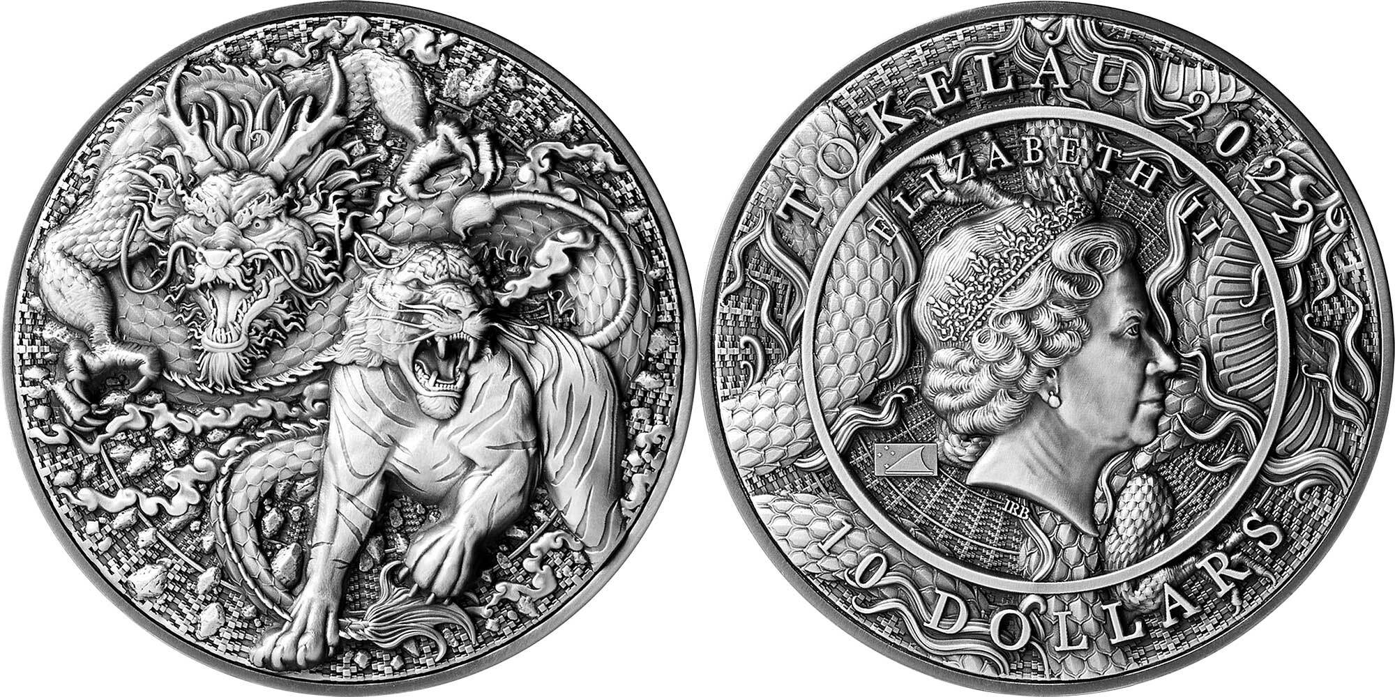 10 Dollars CHINESE DRAGON AND TIGER 2 Oz Silver Coin 10$ Tokelau 2022 ...
