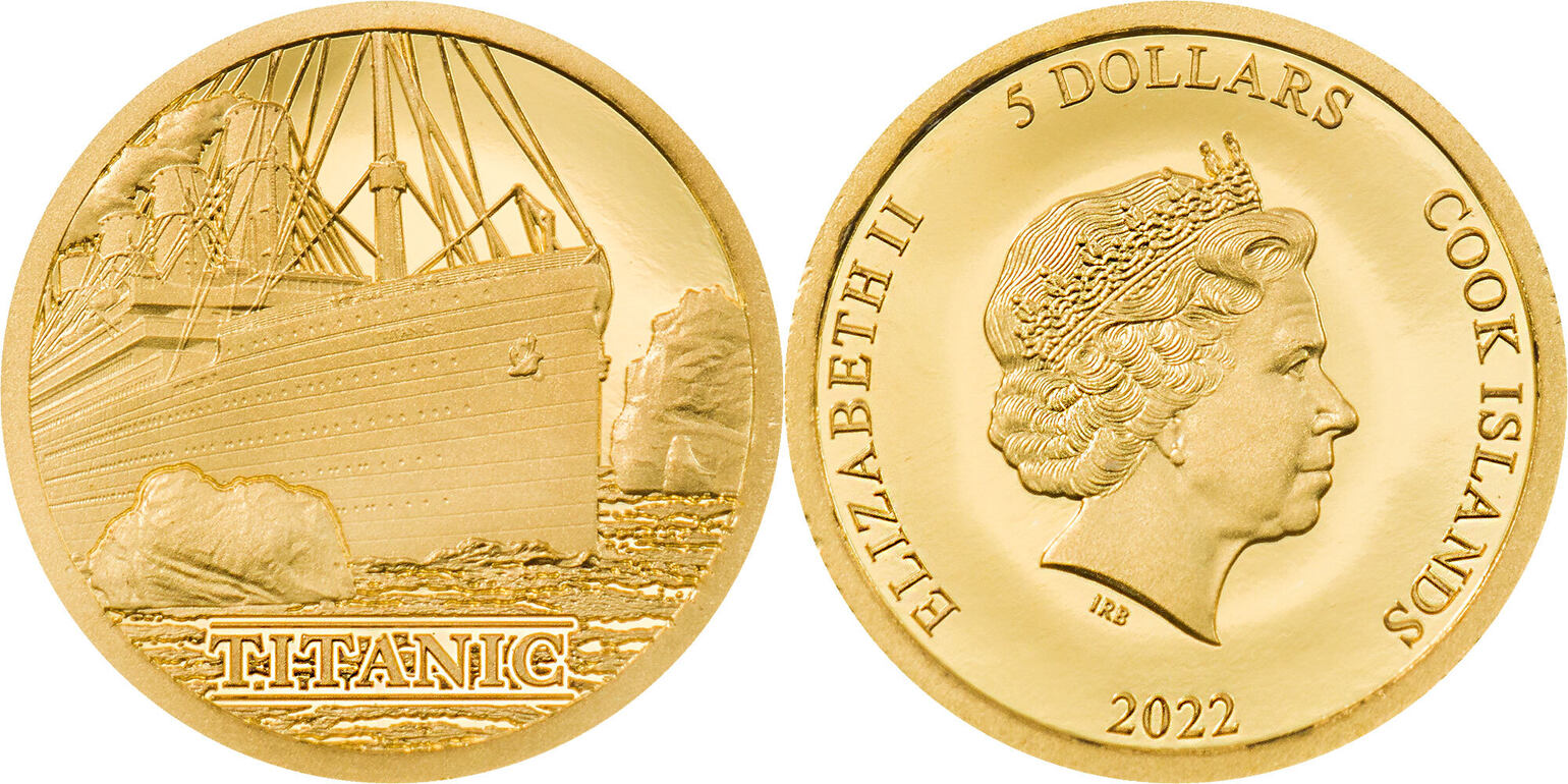 5 Dollars TITANIC Gold Coin 5$ Cook Islands 2022 Proof | MA-Shops