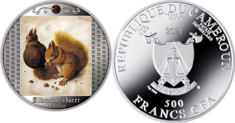 CHIPMUNKS Albrecht Dürer Silver Coin 500 Francs Cameroon 2021 Proof ...
