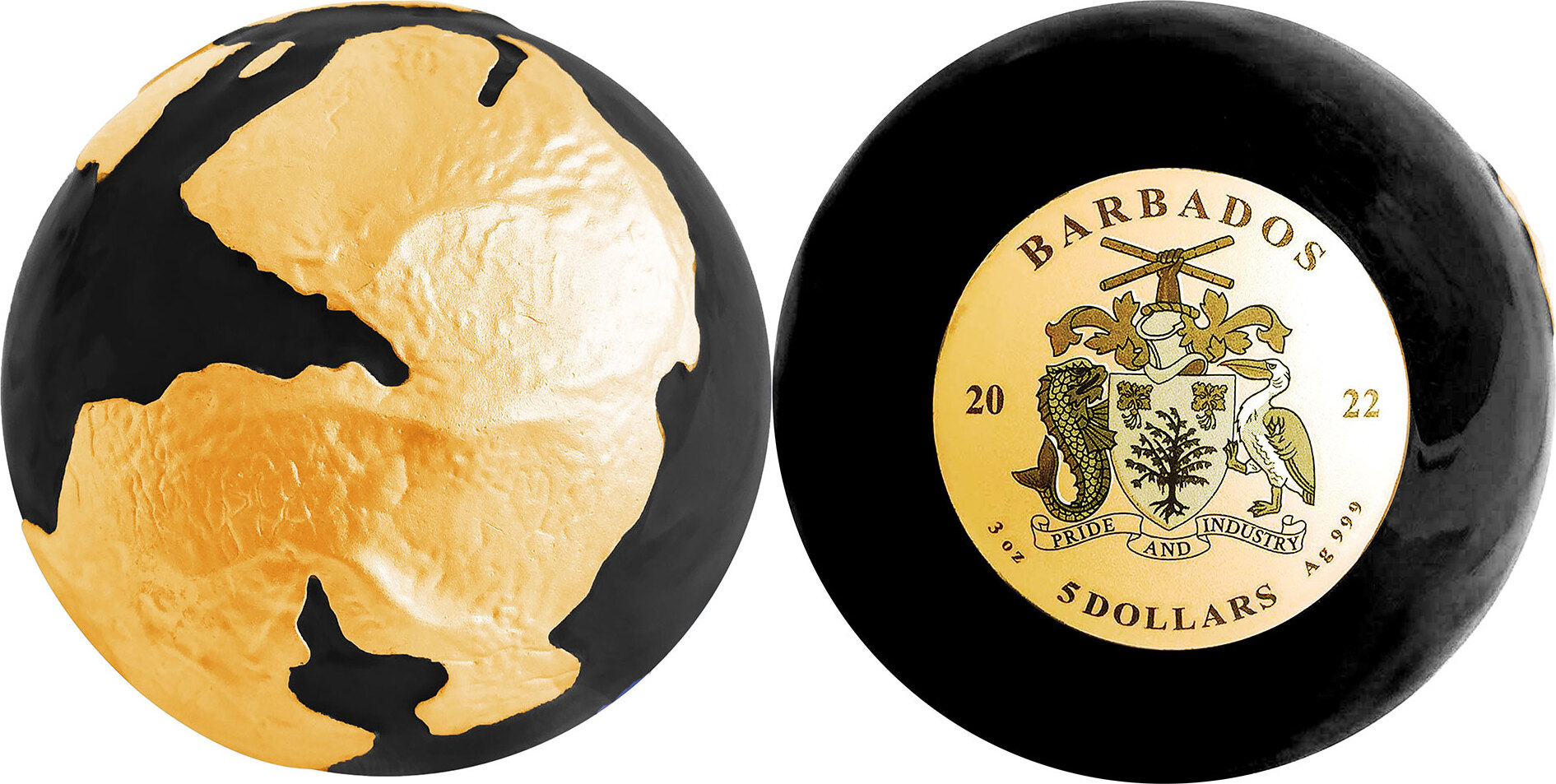 5 Dollars BLACK PANGEA BLUE MARBLE Gilded Spherical 3 Oz Silver Coin 5 ...