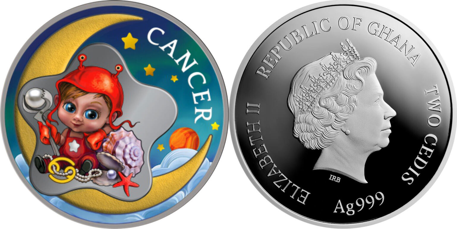 CANCER Baby Zodiac Silver Coin 2 Cedis Ghana Proof | MA-Shops